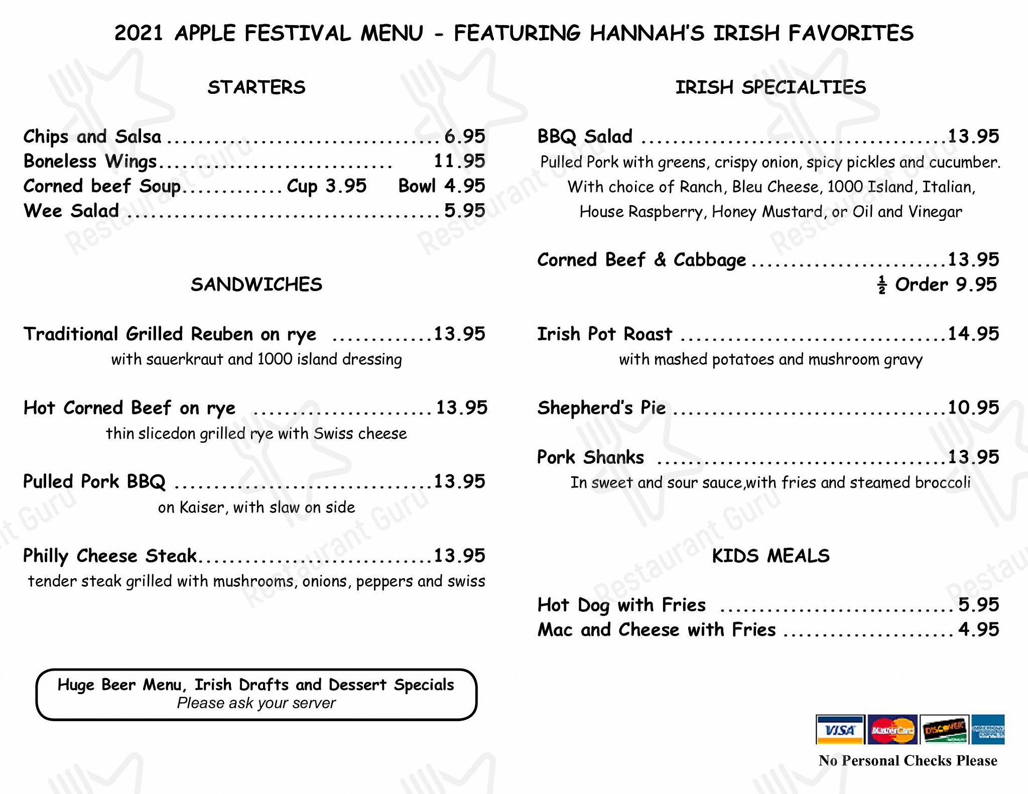Menu at Hannah Flanagan's Pub & Eatery, Hendersonville
