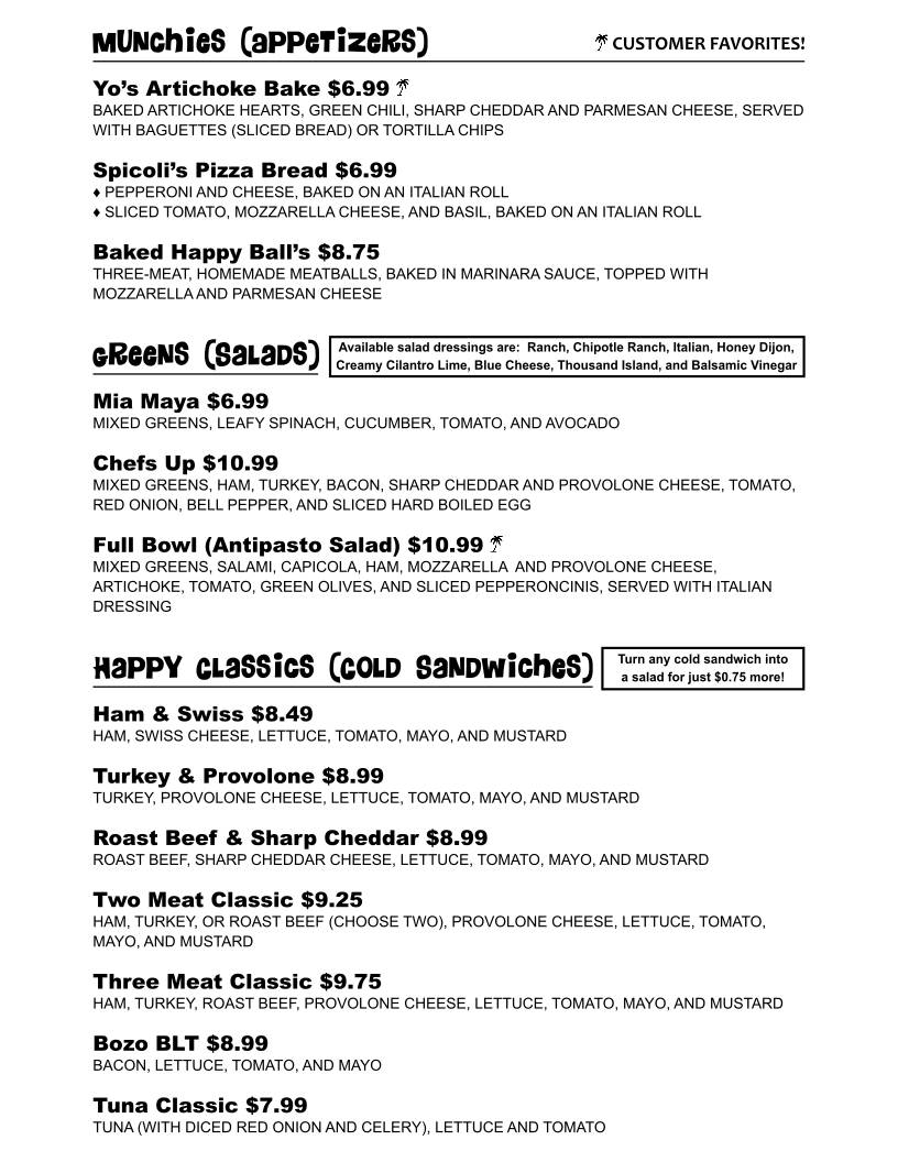 Menu at Happyplace Subs restaurant, Bullhead City