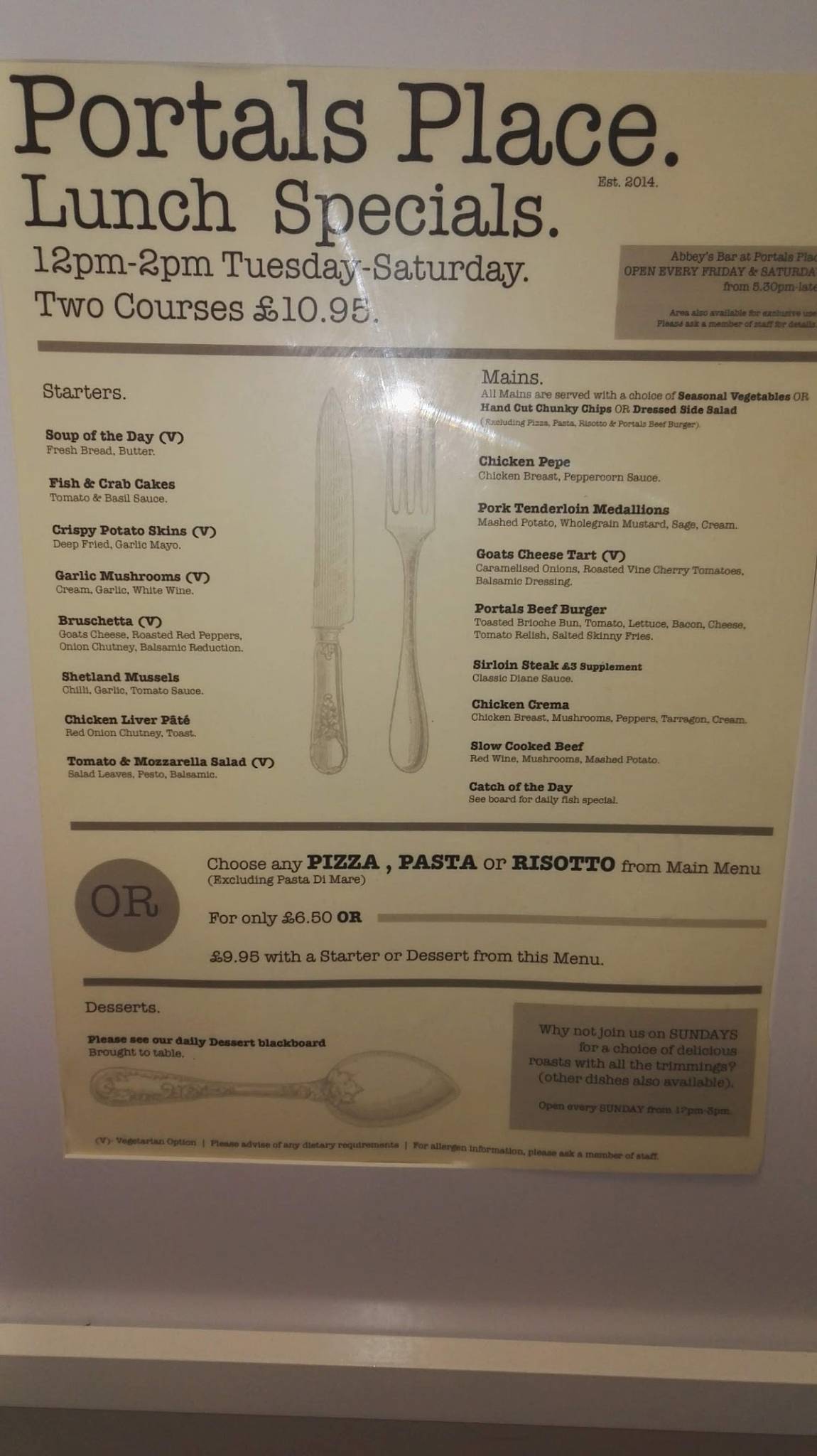 Menu at Portals Place restaurant, Hartlepool, Neptune House