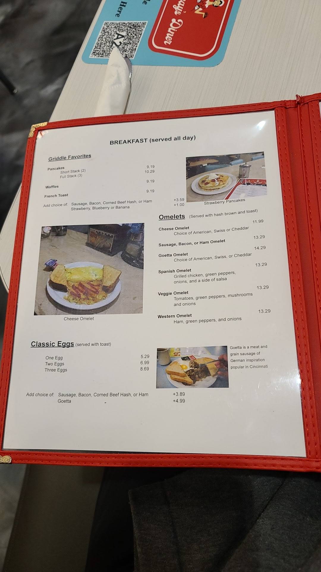 Menu at Hathaway's Diner cafe, Cincinnati