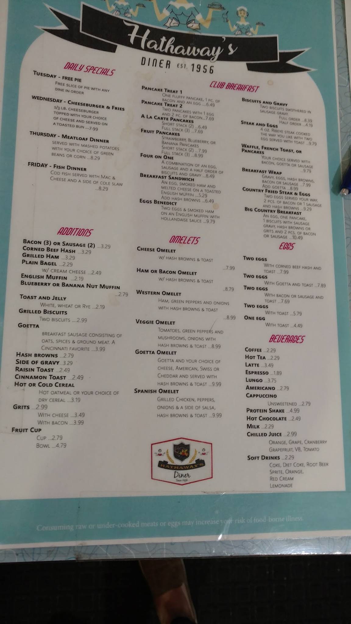 Menu at Hathaway's Diner cafe, Cincinnati
