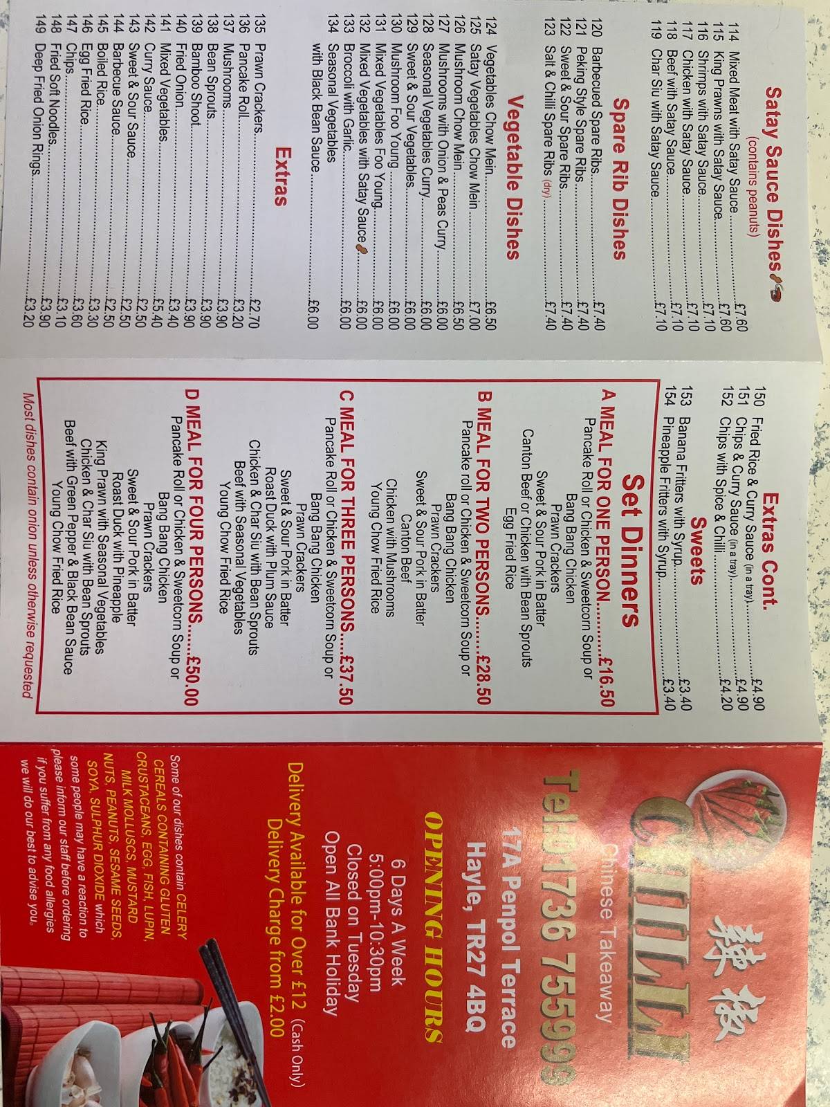 Menu at Chilli Chinese Takeaway fast food, Hayle