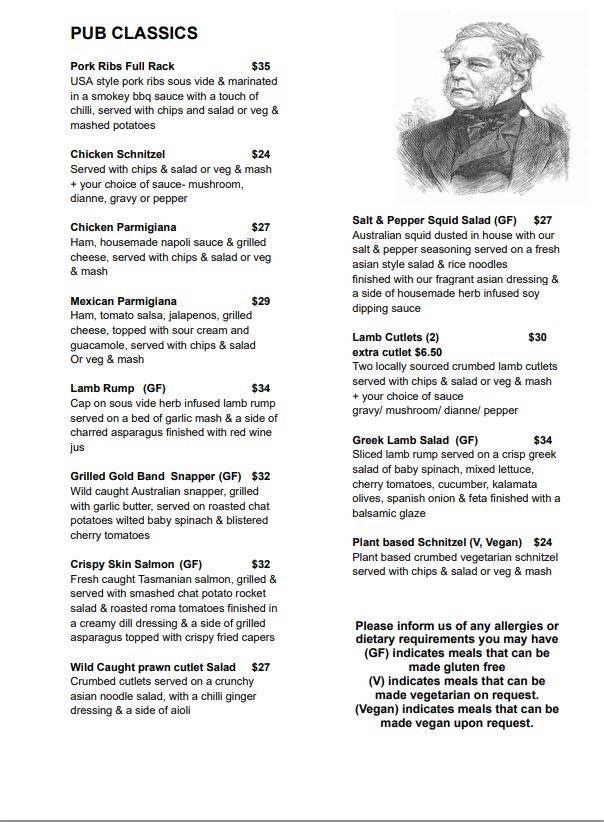 Menu at Henry Rous Tavern restaurant, Ballina