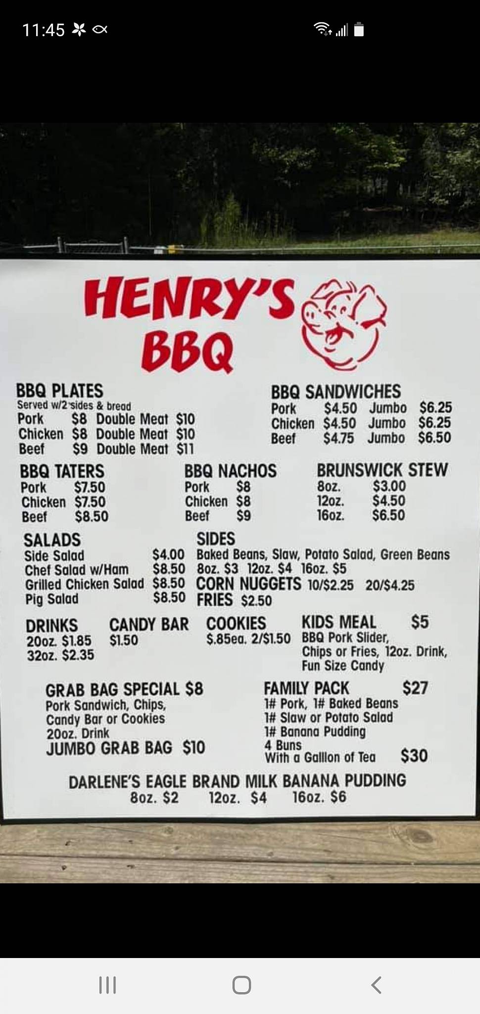 Menu at Henry's BBQ Restaurant, Summerville