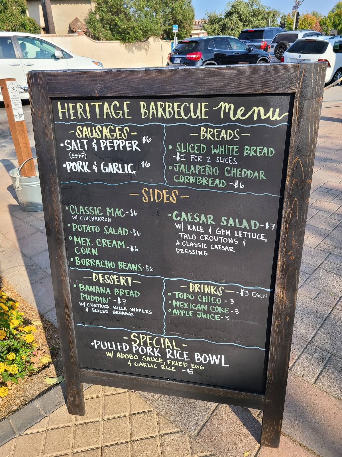 Menu at Heritage Barbecue, San Juan Capistrano