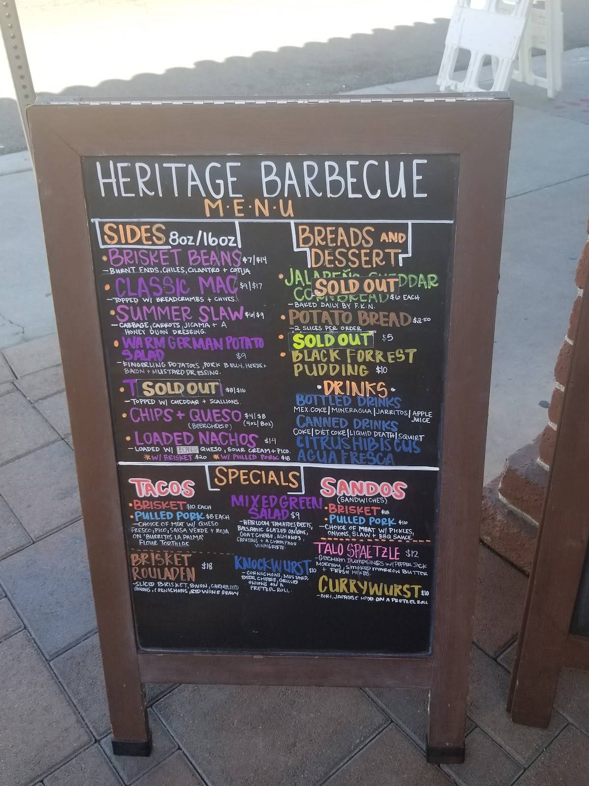 Menu at Heritage Barbecue, San Juan Capistrano