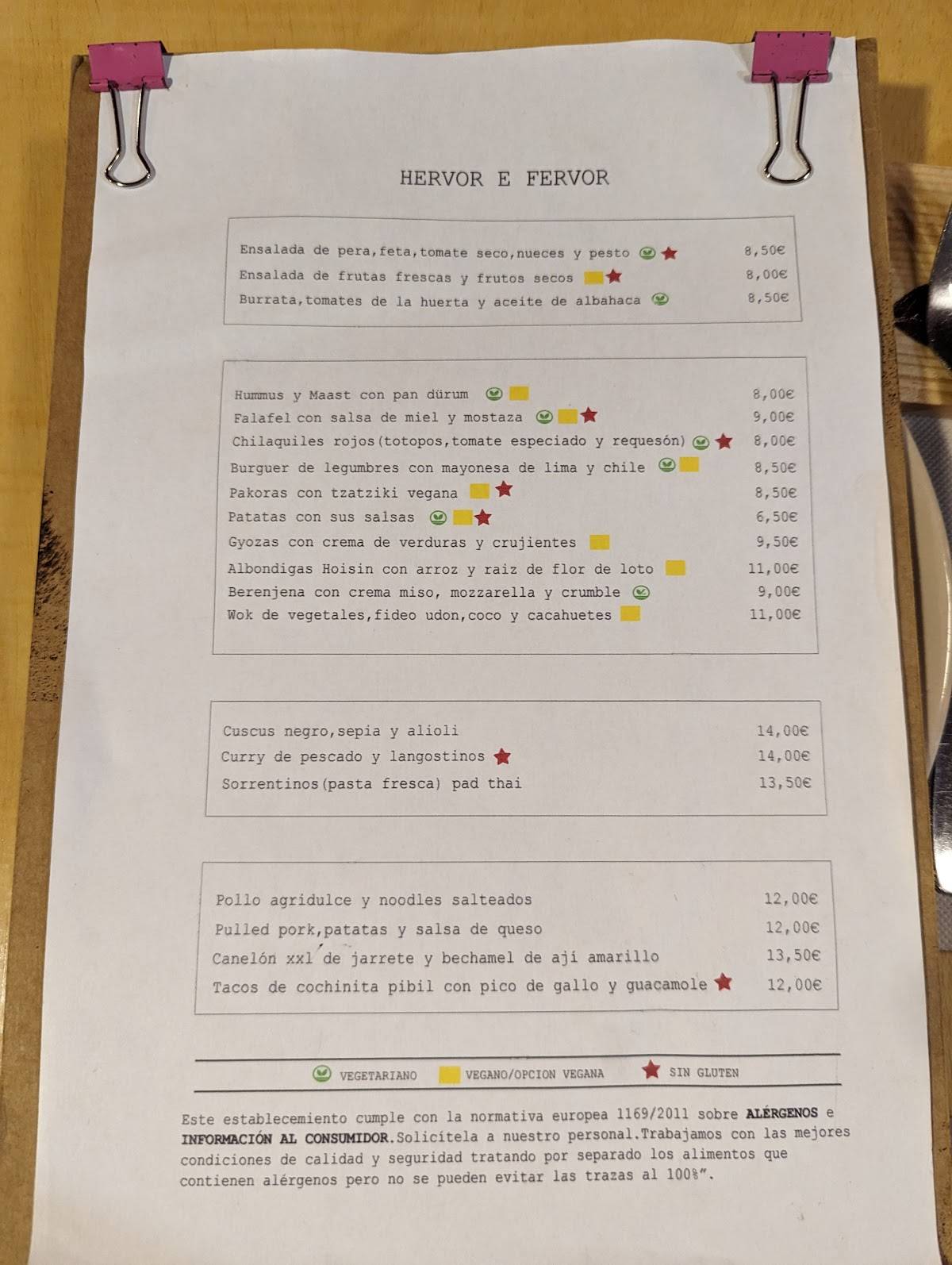Carta del restaurante Hervor Fervor, Santiago del Compostela