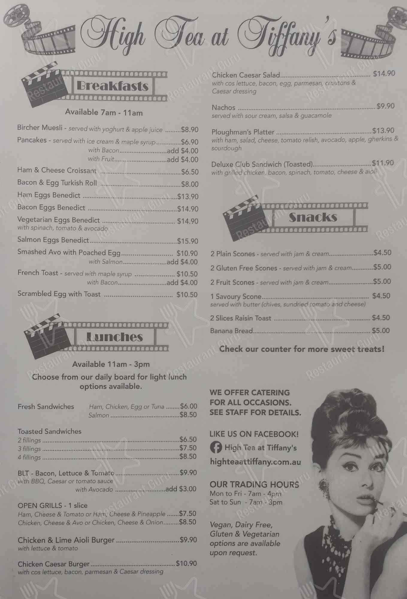 Menu at High Tea at Tiffany's cafe, North Lakes