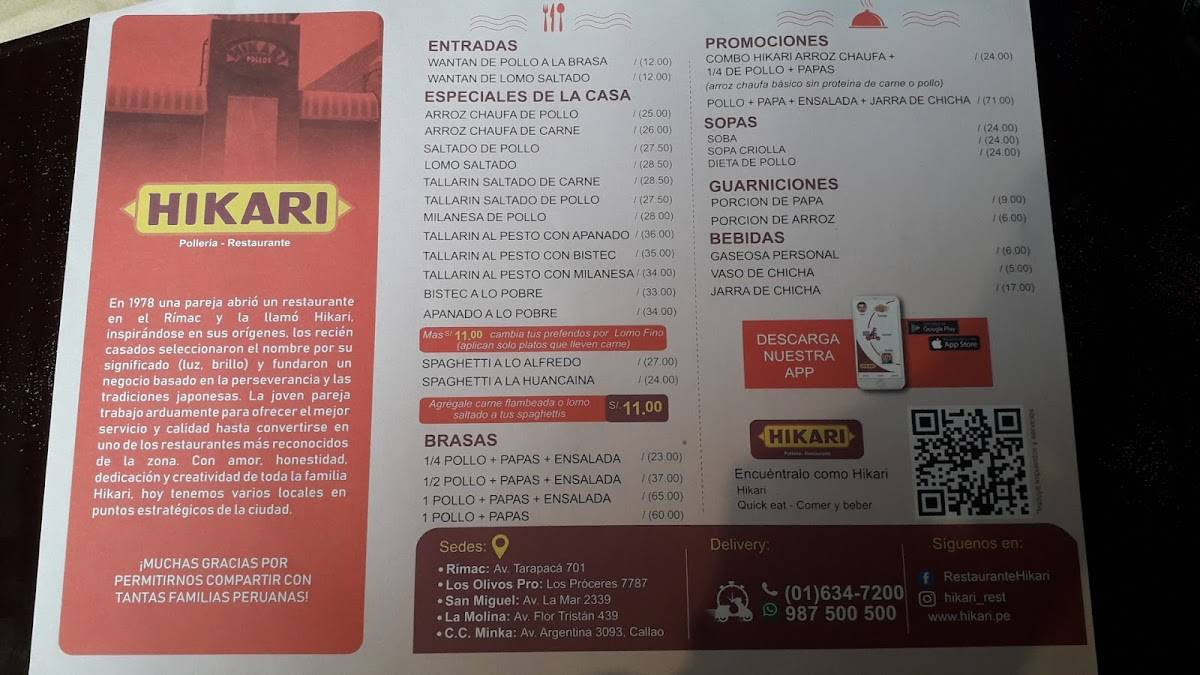 Carta del restaurante Hikari San Miguel, San Miguel, Av. La Mar 2339