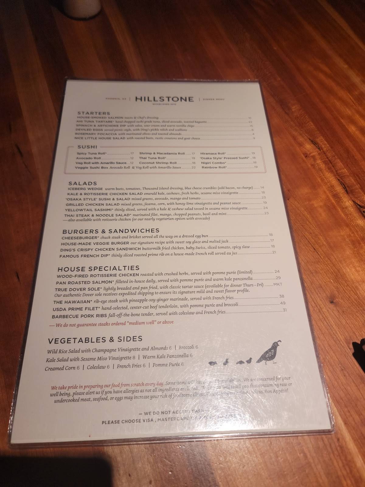 Menu at Hillstone Restaurant, Phoenix, E Camelback Rd