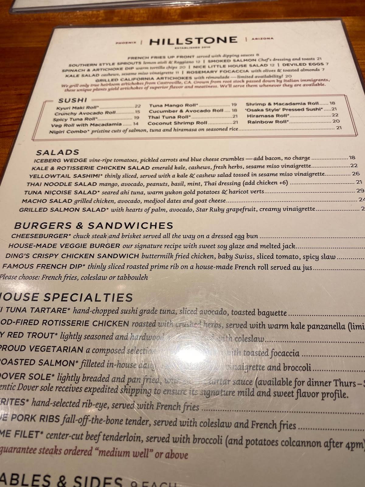 Menu at Hillstone Restaurant, Phoenix, E Camelback Rd
