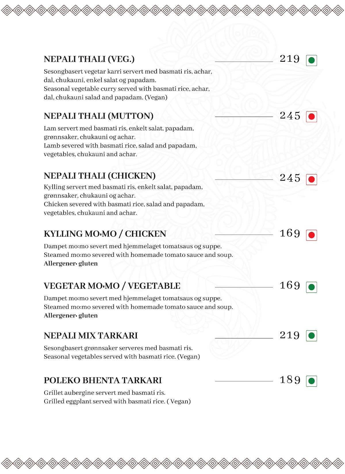 Carta de Himalayan Nepali Restaurant, Oslo