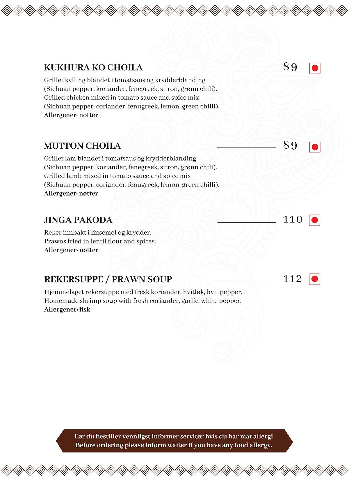 Carta de Himalayan Nepali Restaurant, Oslo