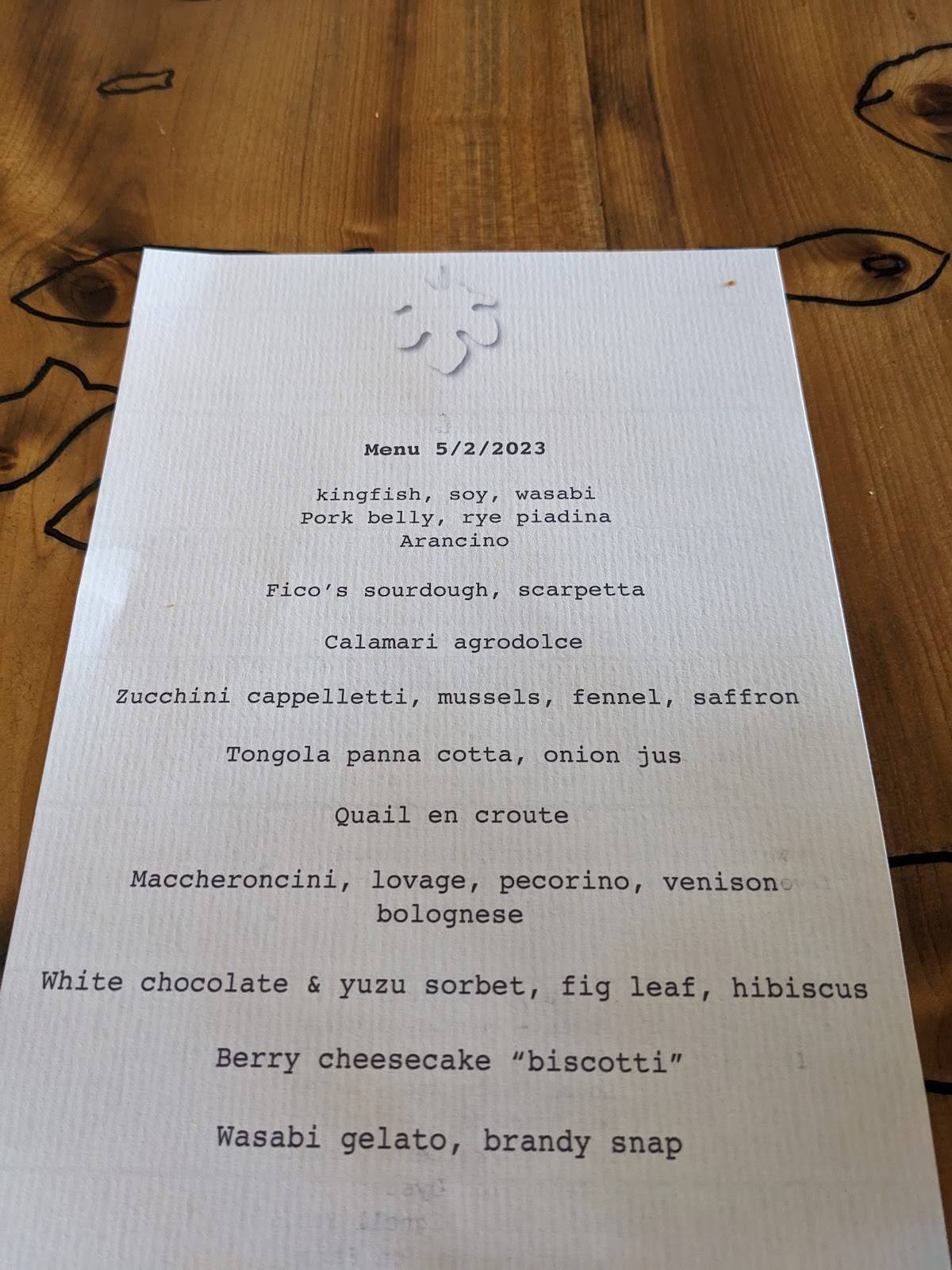 Menu at Fico restaurant, Hobart