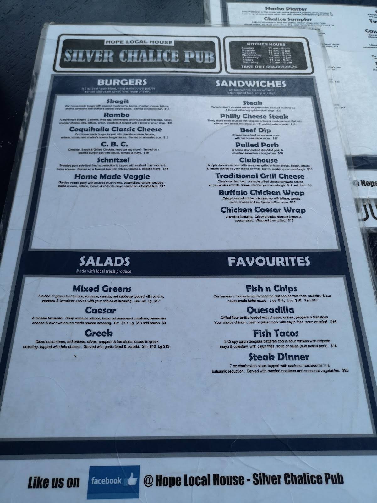 Menu at Hope Local House - Silver Chalice Pub, Hope