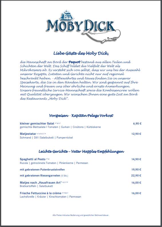 Speisekarte von Restaurant Moby Dick, Wustrow