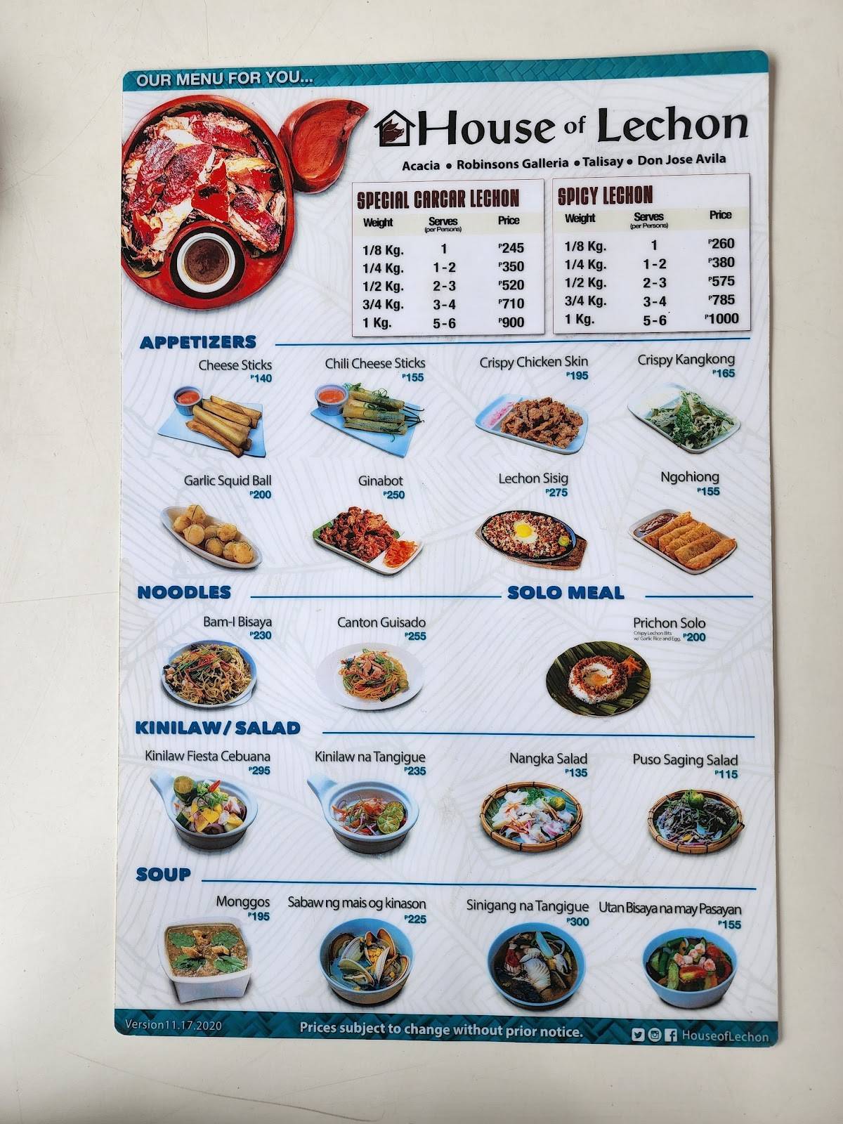 Menu at House of Lechon restaurant, Cebu City, Acacia St