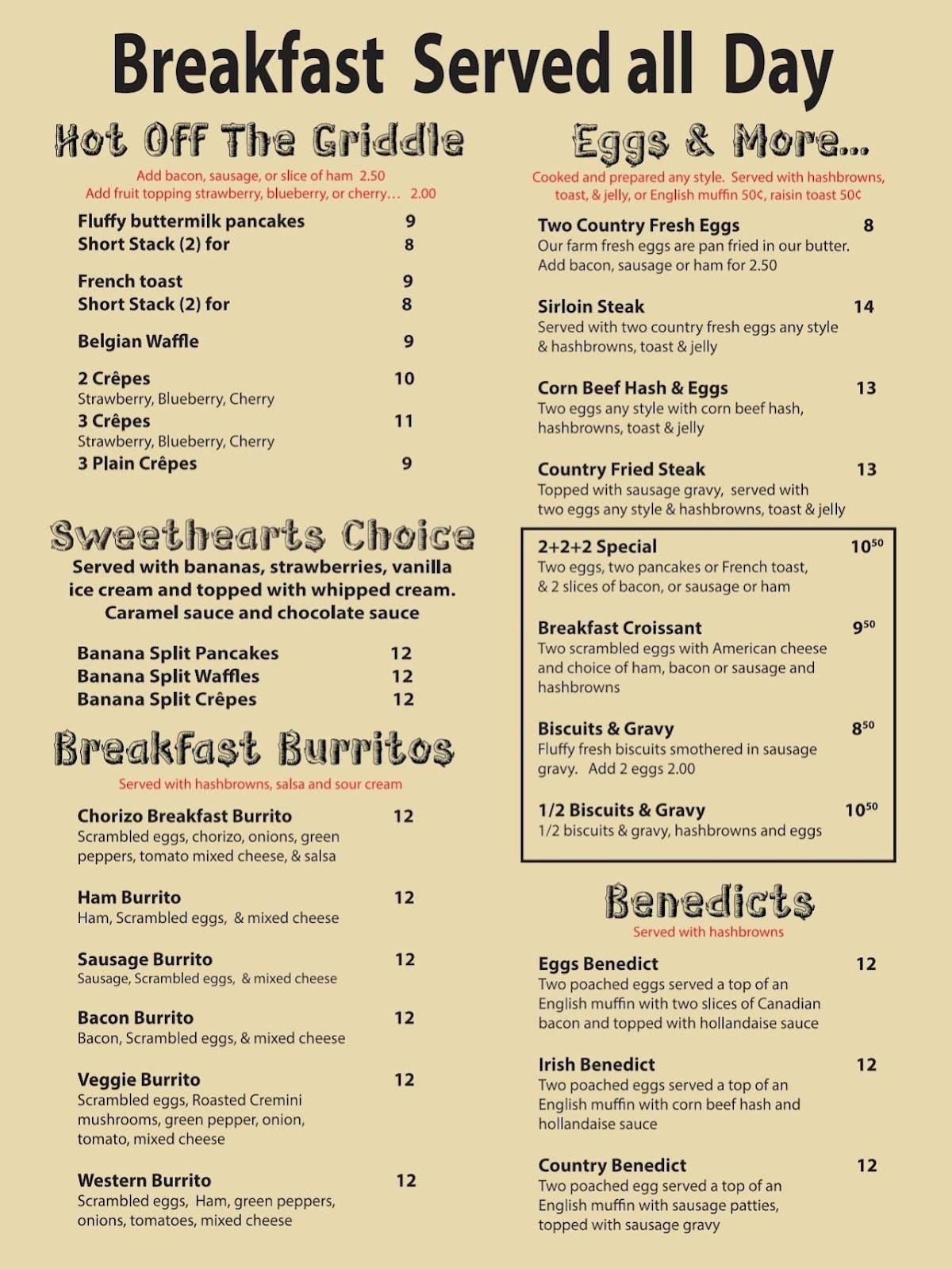 Menu at Log Cabin Inn restaurant, Howards Grove