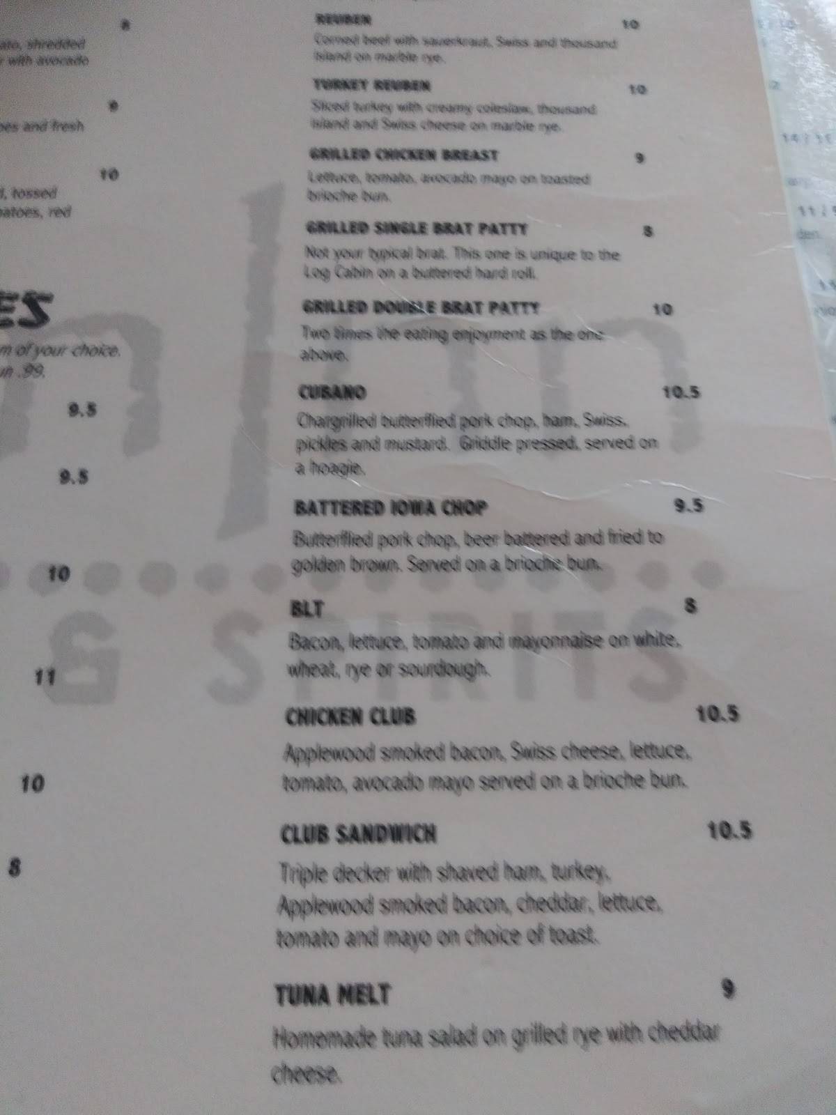 Menu at Log Cabin Inn restaurant, Howards Grove