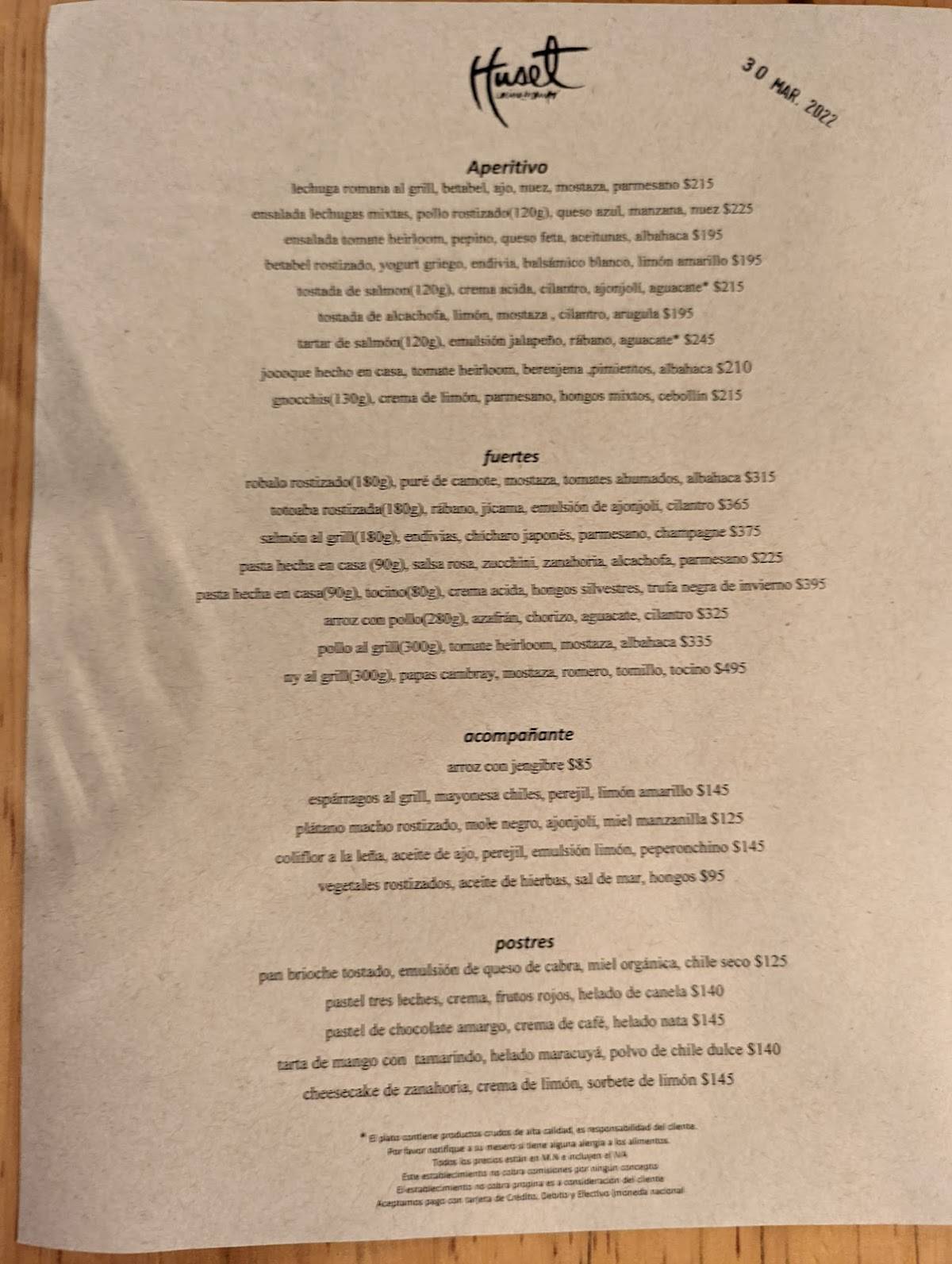 Carta de pizzería Huset, Ciudad López Mateos