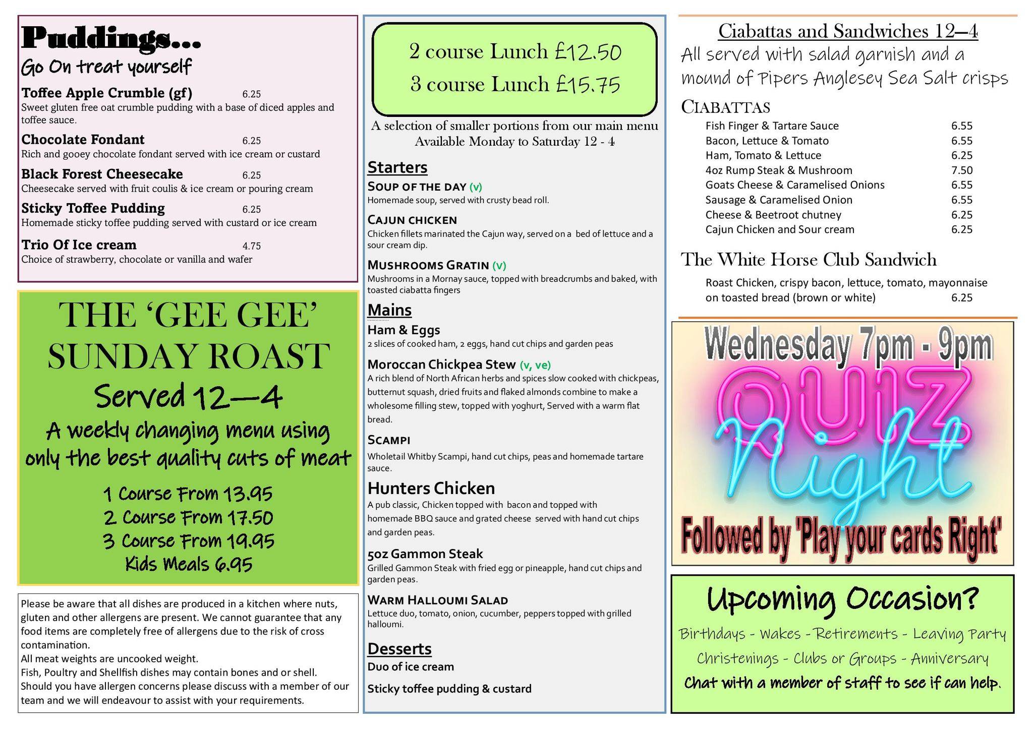 Menu at The White Horse pub & bar, Hutton Cranswick
