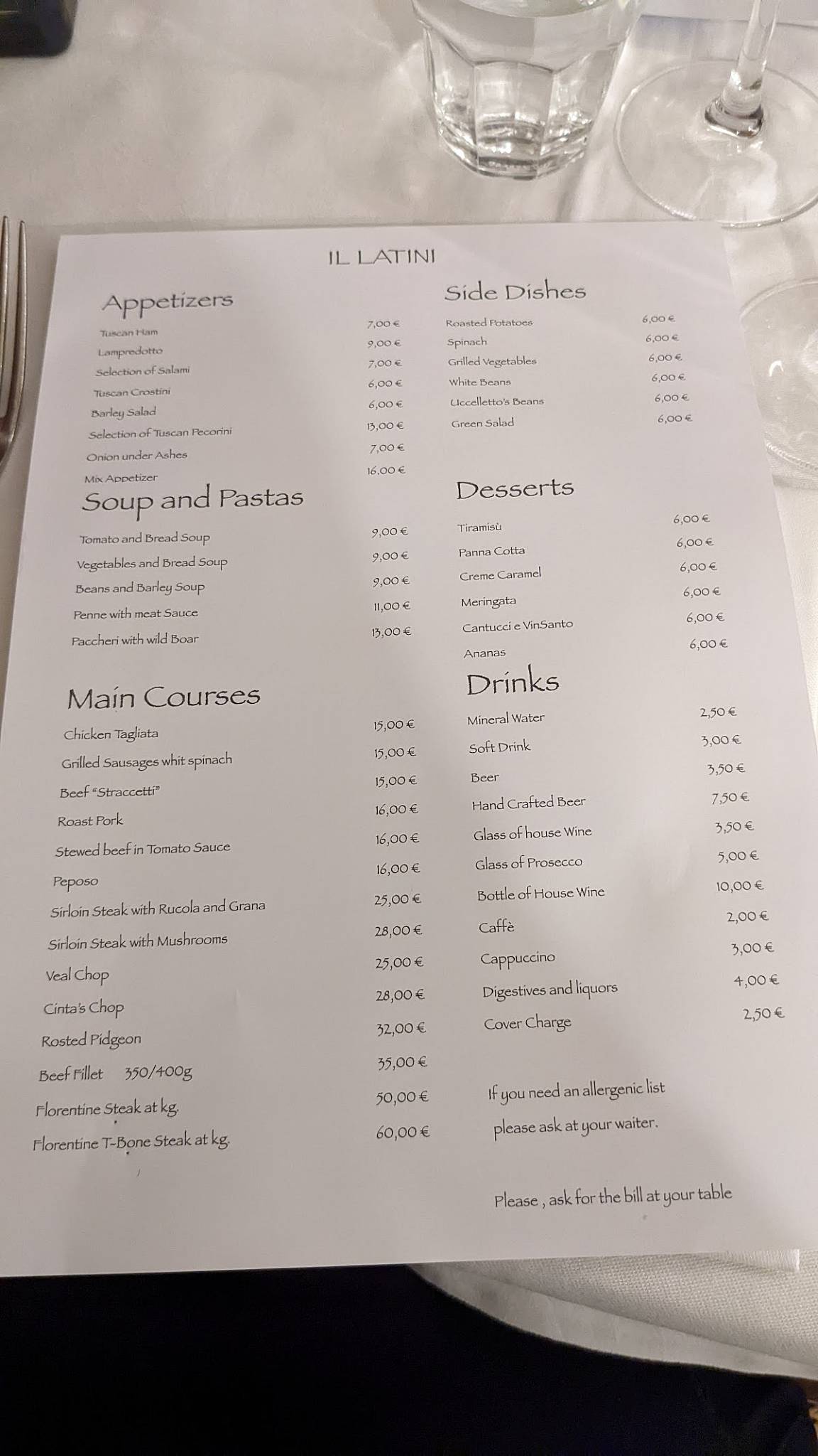 Menu da Restaurante Il Latini, Firenze, Via dei Palchetti