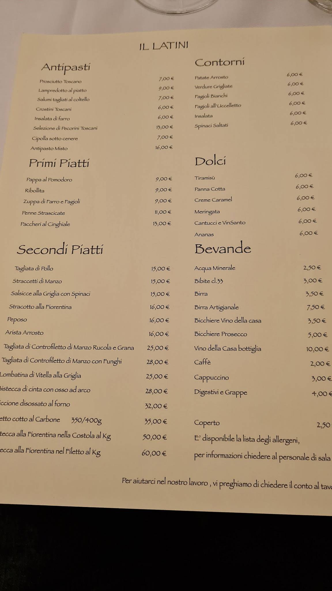 Menu da Restaurante Il Latini, Firenze, Via dei Palchetti