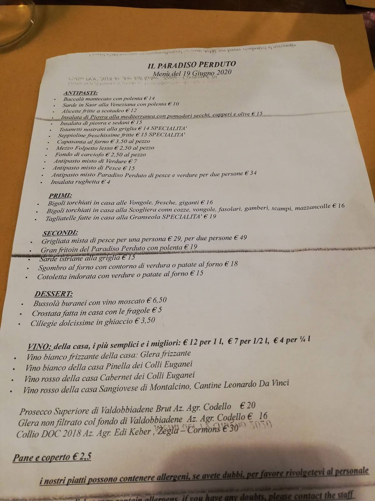 Menu at Il Paradiso Perduto restaurant, Venice