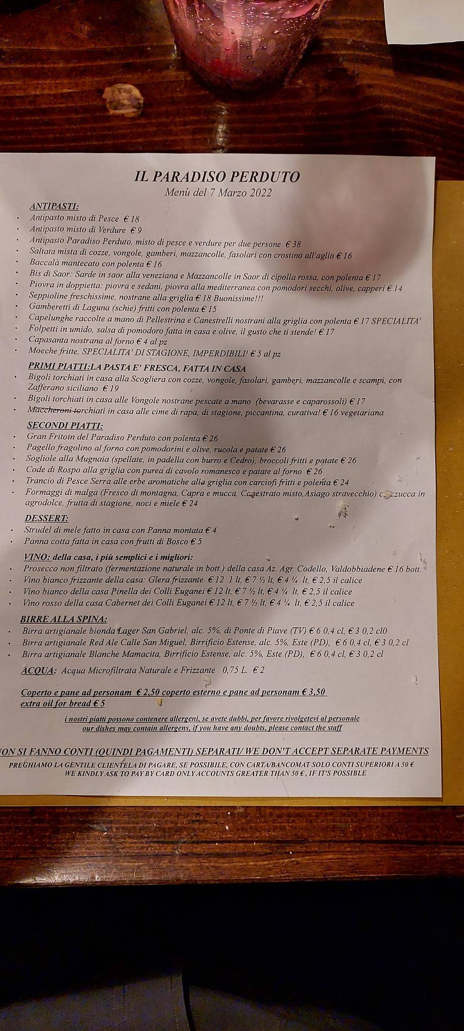 Menu at Il Paradiso Perduto restaurant, Venice
