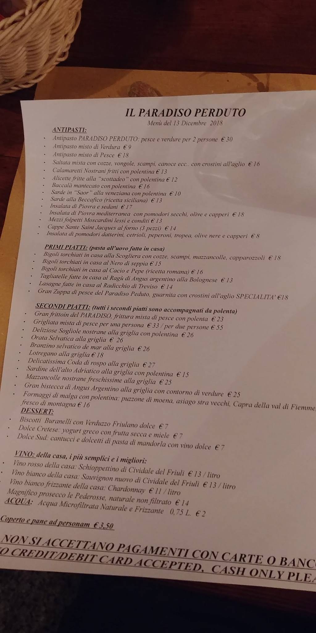 Menu at Il Paradiso Perduto restaurant, Venice
