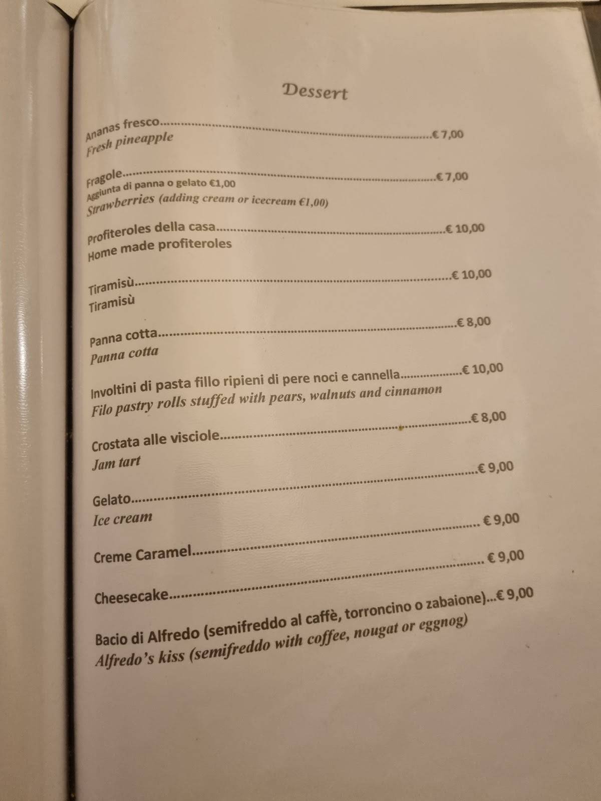 Menu da Ristorante Alfredo, Roma, Piazza Augusto Imperatore