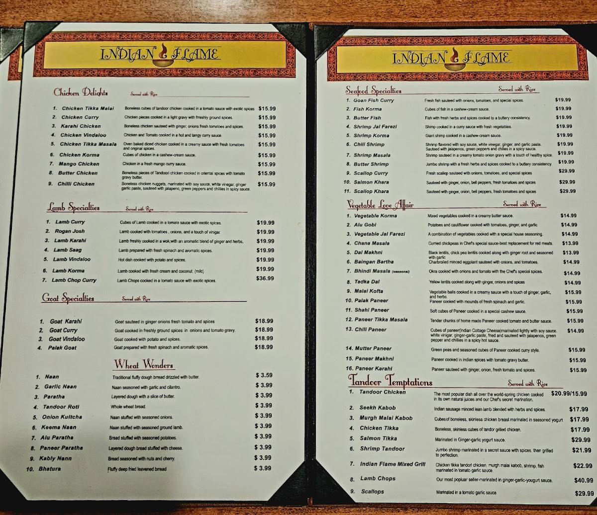 Menu at Indian Flame Restaurant, Cleveland