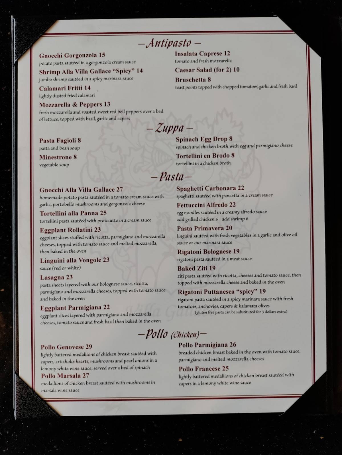 Menu at Villa Gallace restaurant, Indian Rocks Beach