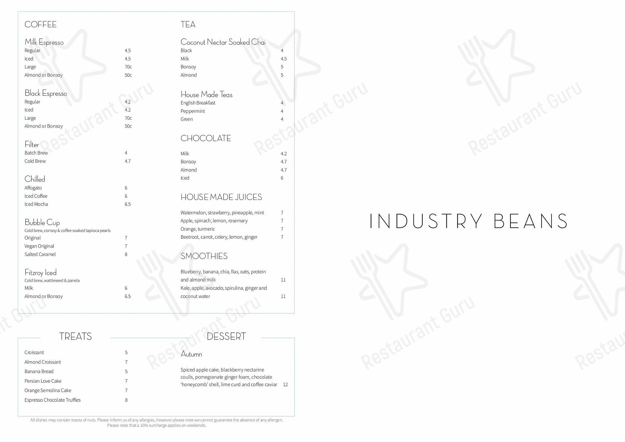Carta del café Industry Beans York St, Sydney