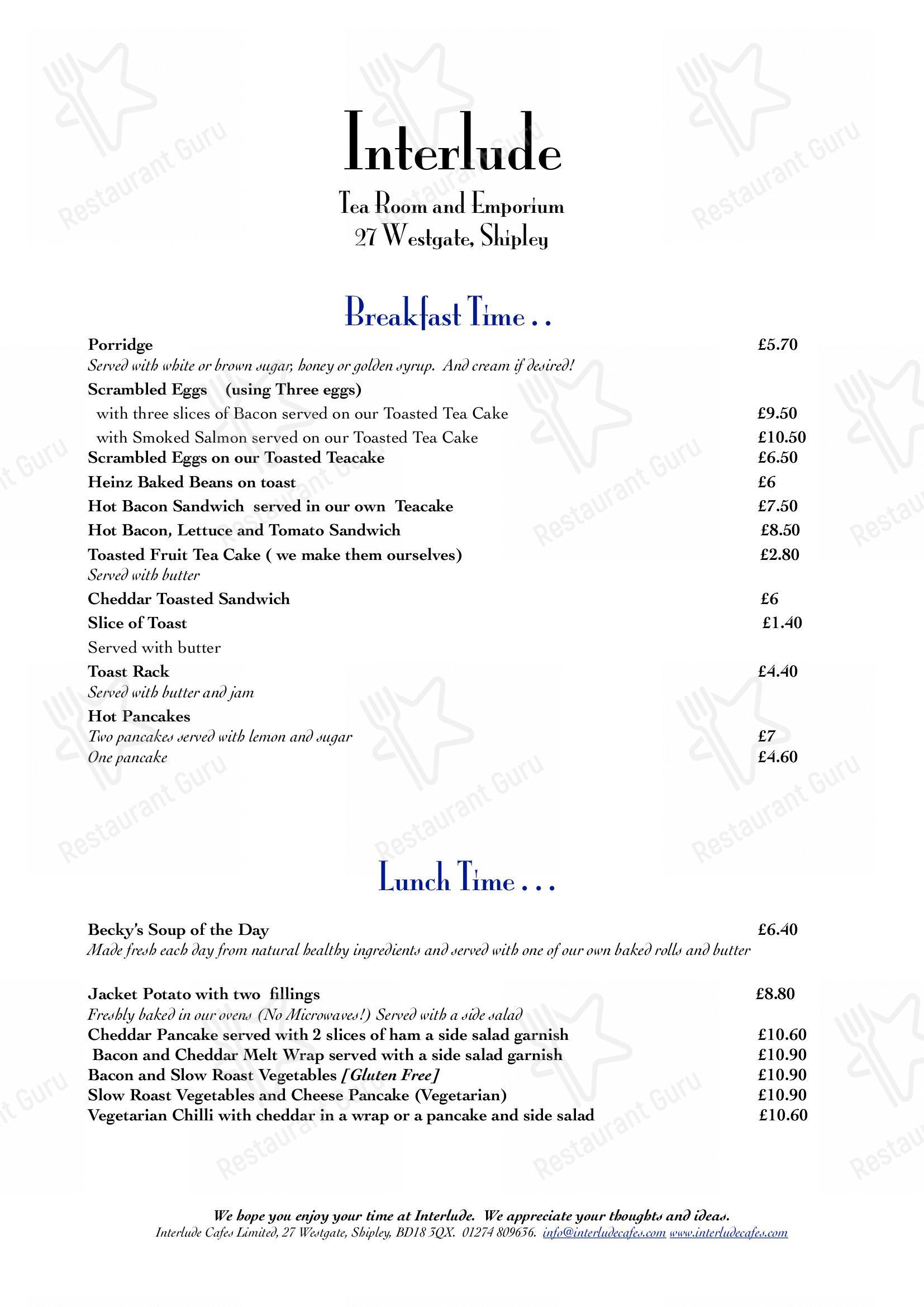 Menu at Interlude Tea Room cafe, Shipley