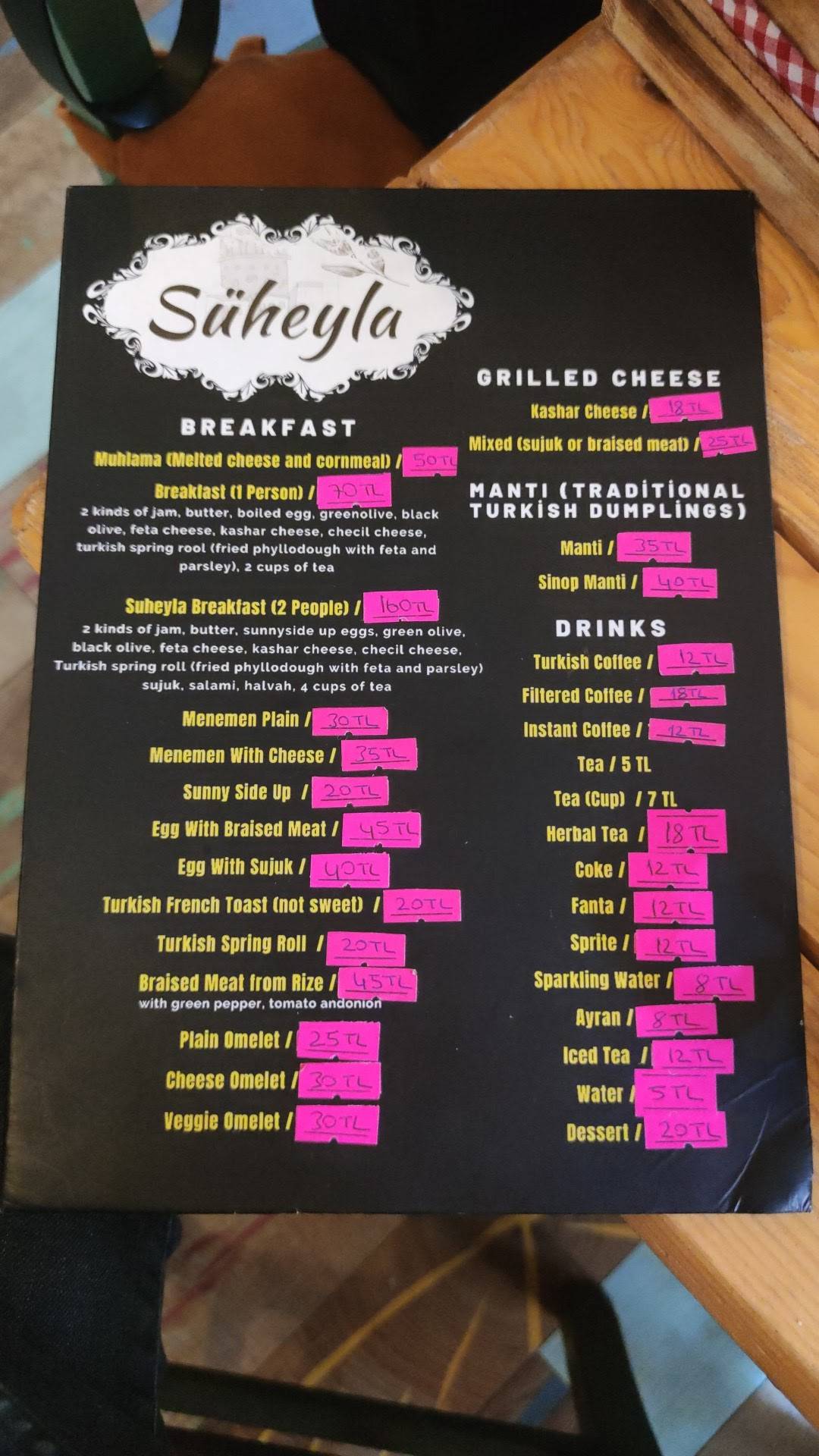 Menu at Galata Süheyla, Istanbul