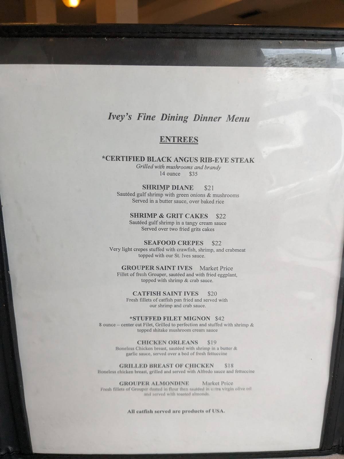 Menu at Ivey's steakhouse, Robertsdale