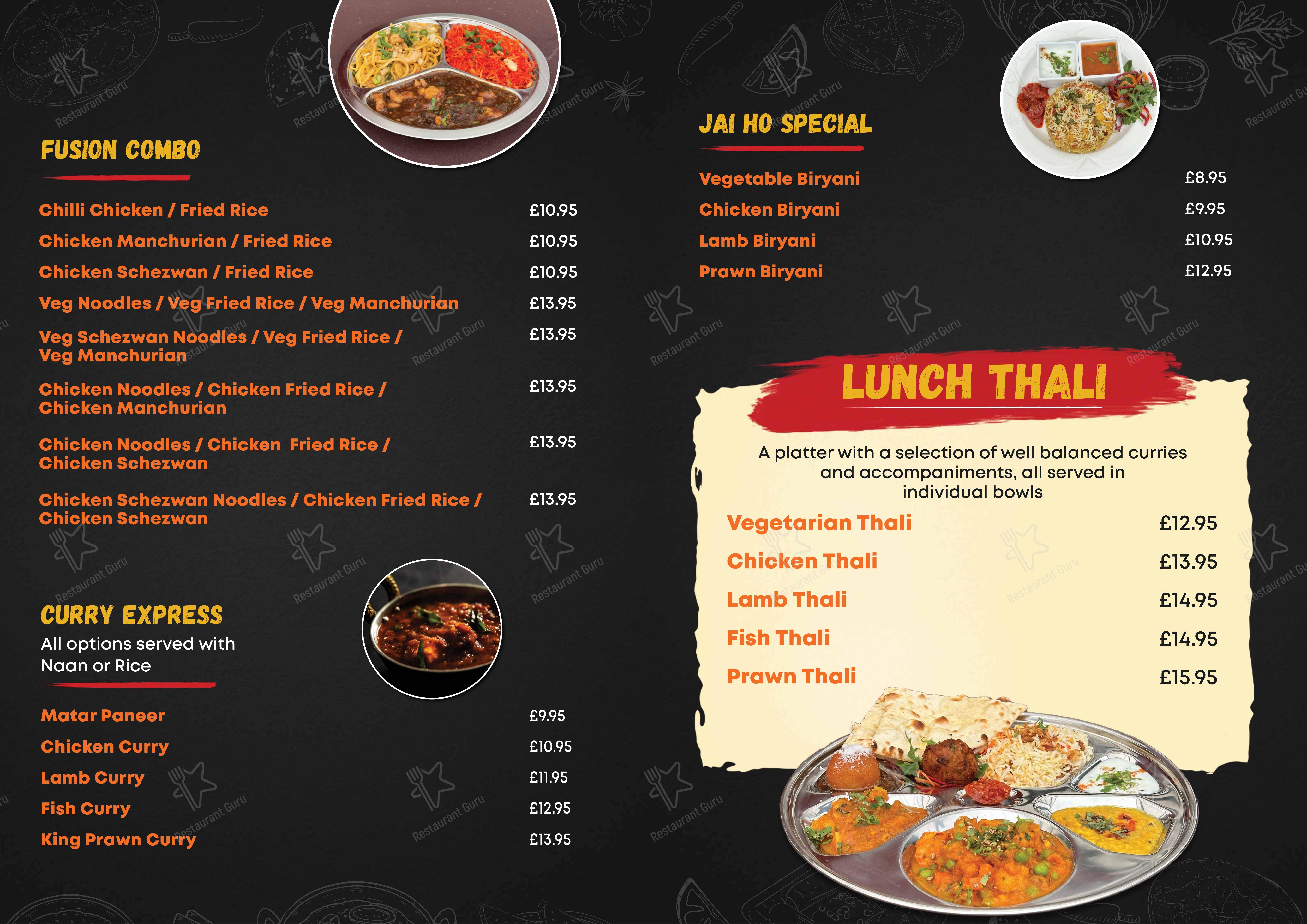 Menu at Jai Ho at the Coppingham Arms restaurant, Horley