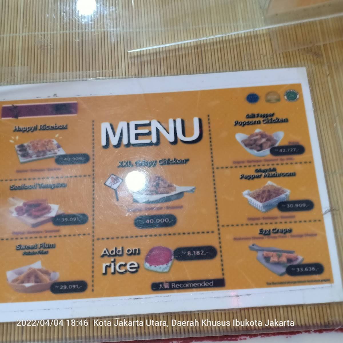 Menu at Shihlin restaurant, North Jakarta, Jl. Boulevard Raya 06B