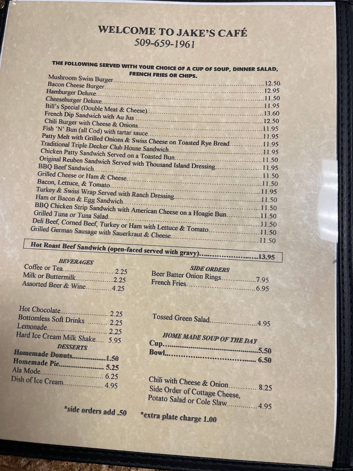 Menu at Jake's Cafe, Ritzville, W 1st Ave