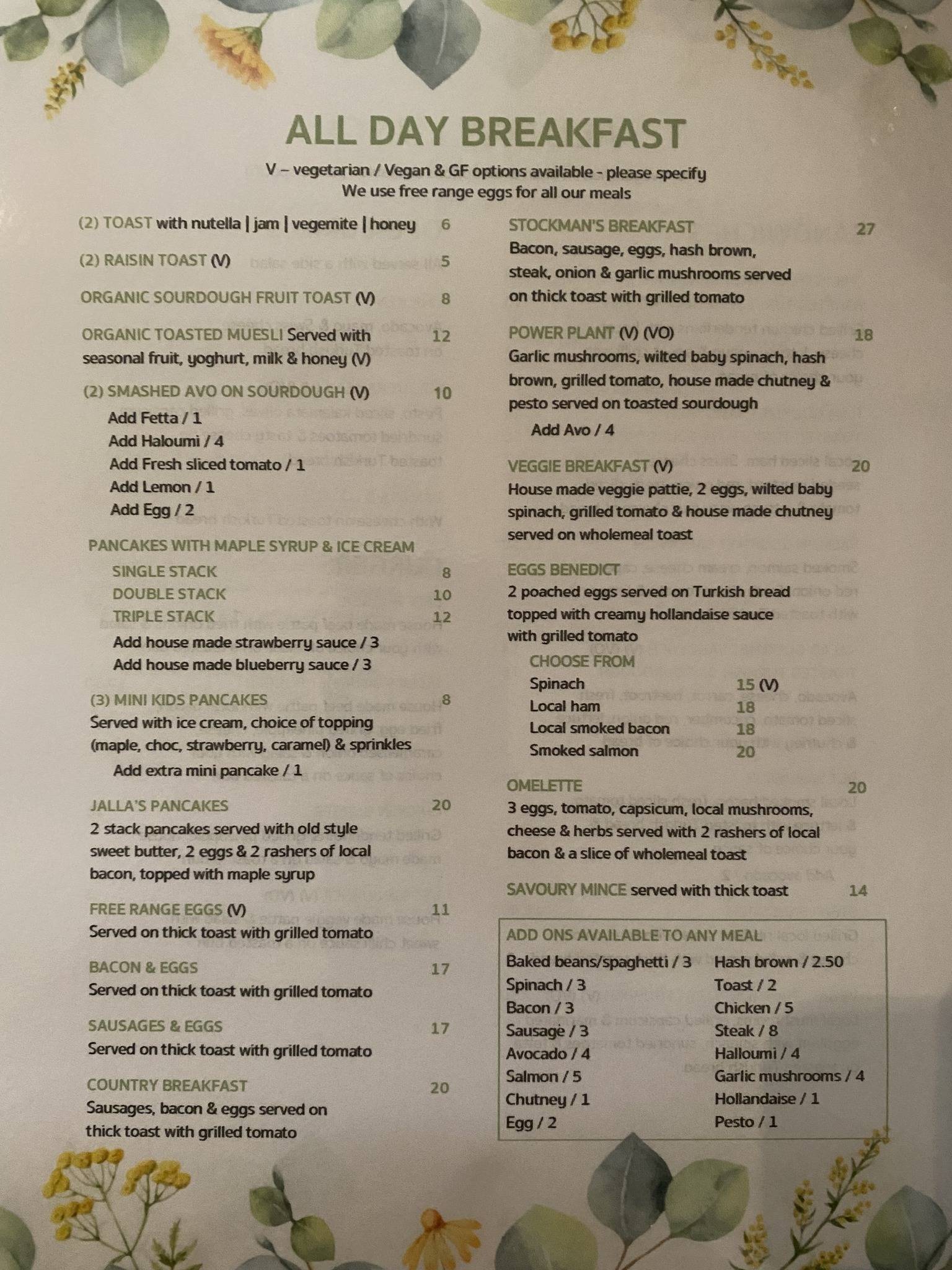 Menu at Jalla's Cafe, Woodford