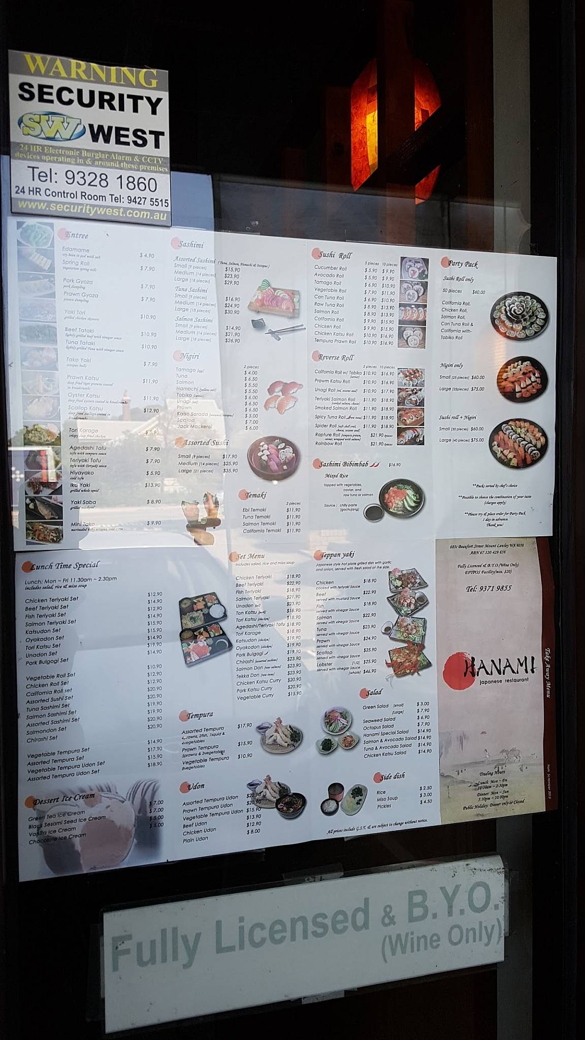 Menu at HANAMI Japanese Restaurant, Mount Lawley