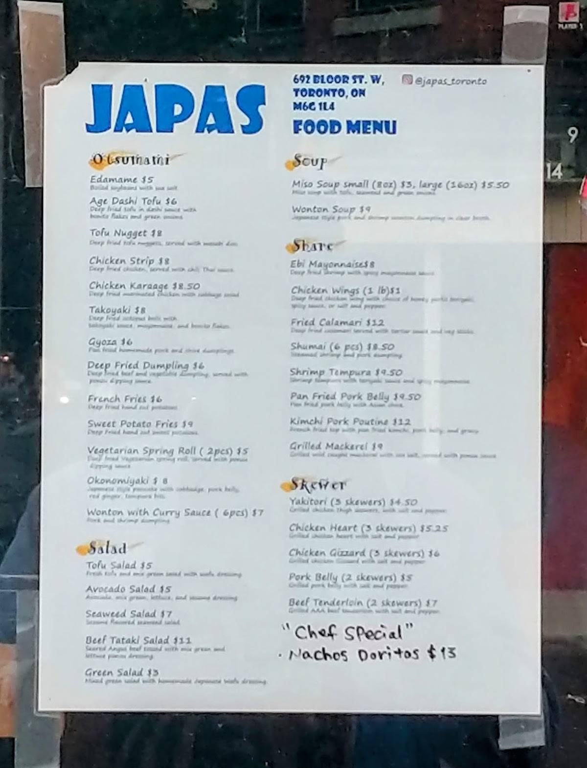 Menu at Japas Restaurant, Toronto