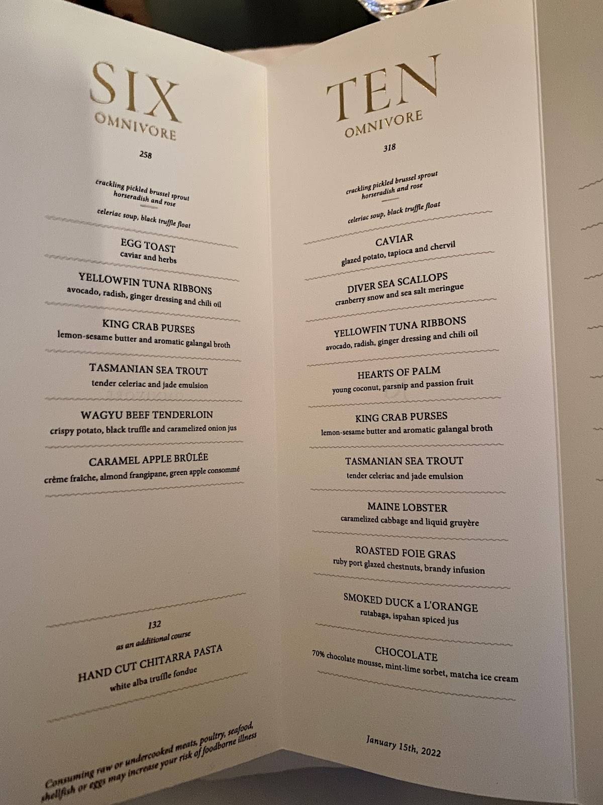 Menu at Jean-Georges restaurant, West New York, 1 Central Park W