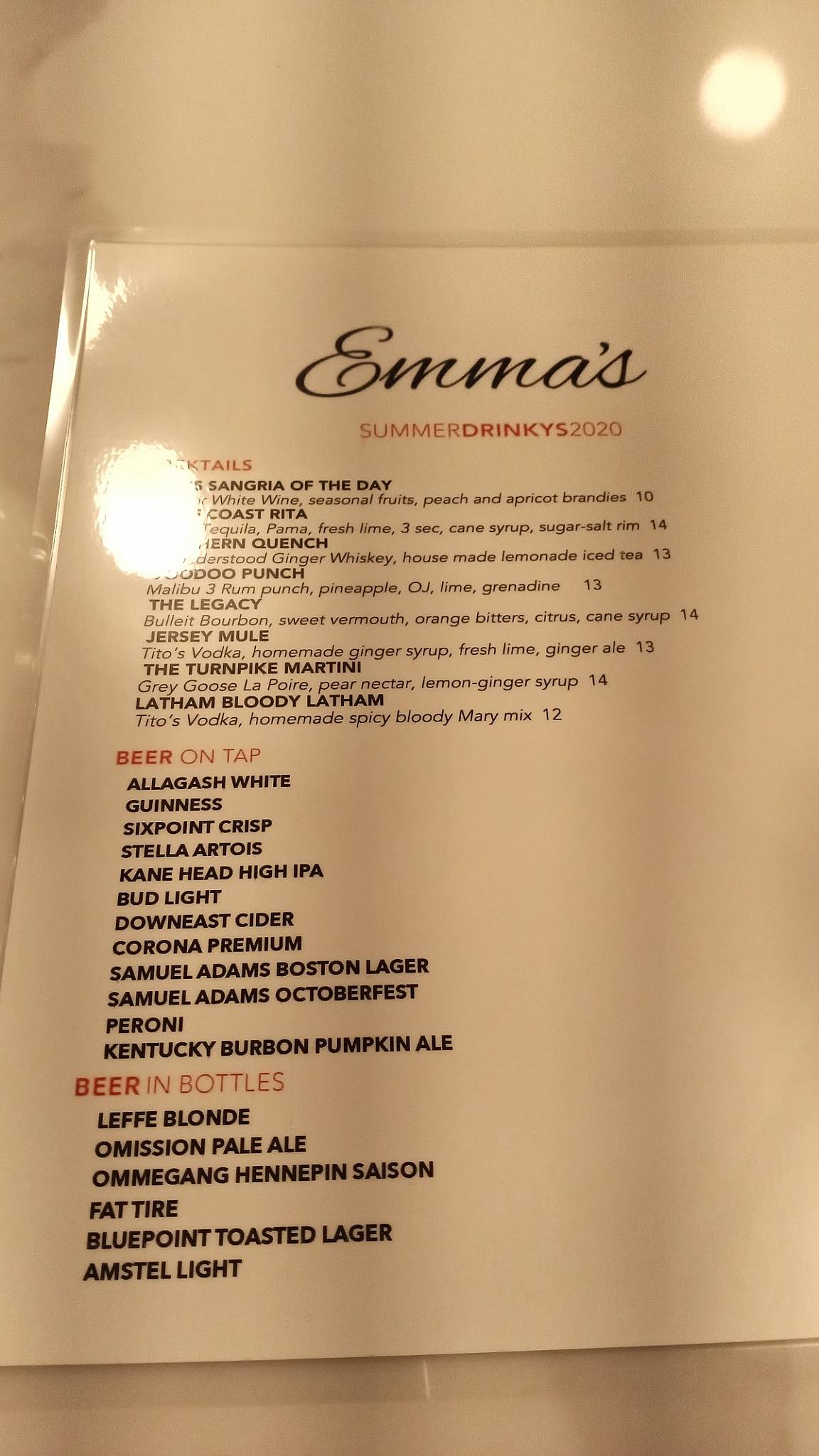 Menu at Emma's pub & bar, Jersey City, 4 Path Plaza