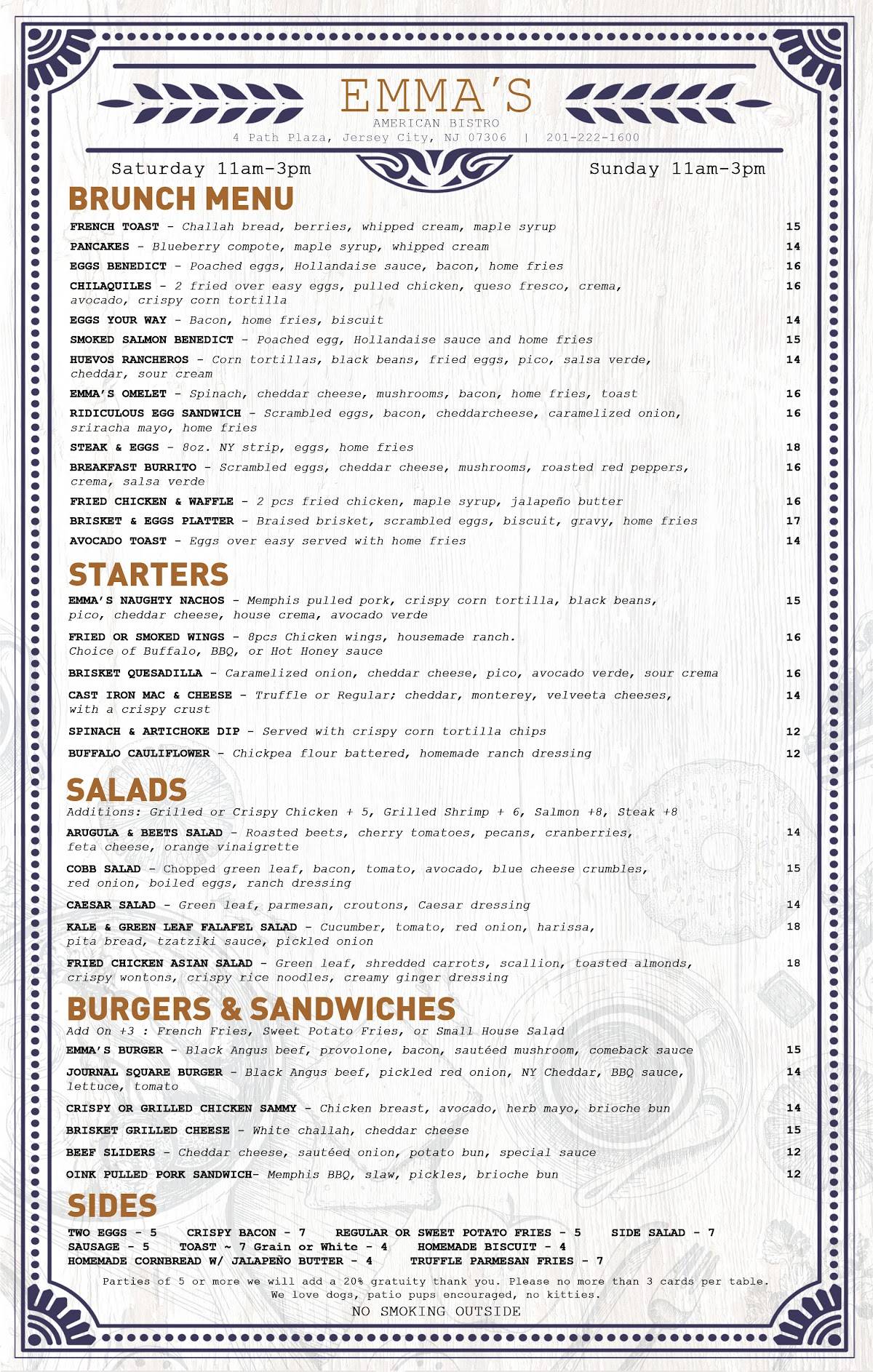 Menu at Emma's pub & bar, Jersey City, 4 Path Plaza