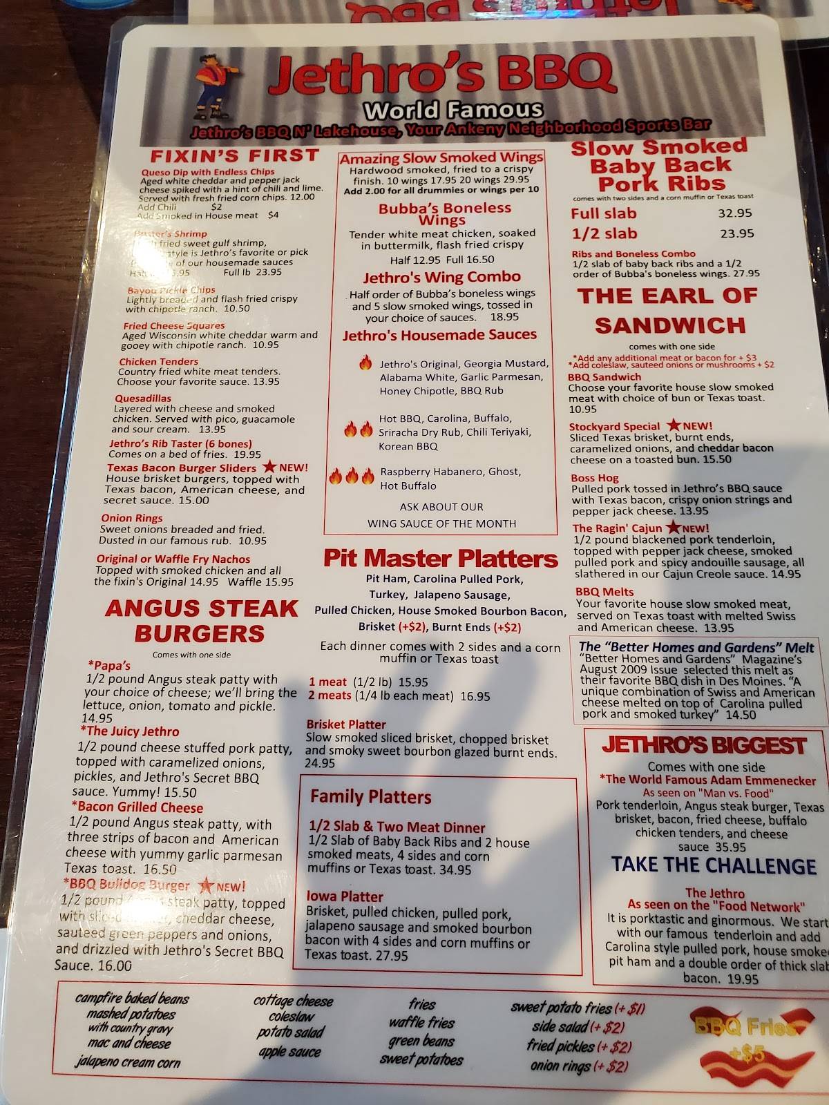 Menu at Jethro’s BBQ n’ LakeHouse, Ankeny