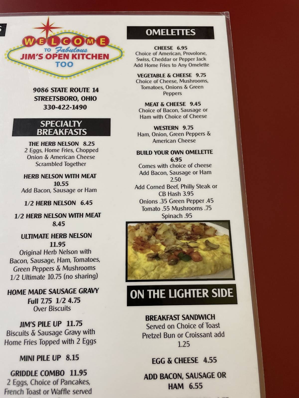 Menu at Jim's Open Kitchen Too restaurant, Streetsboro