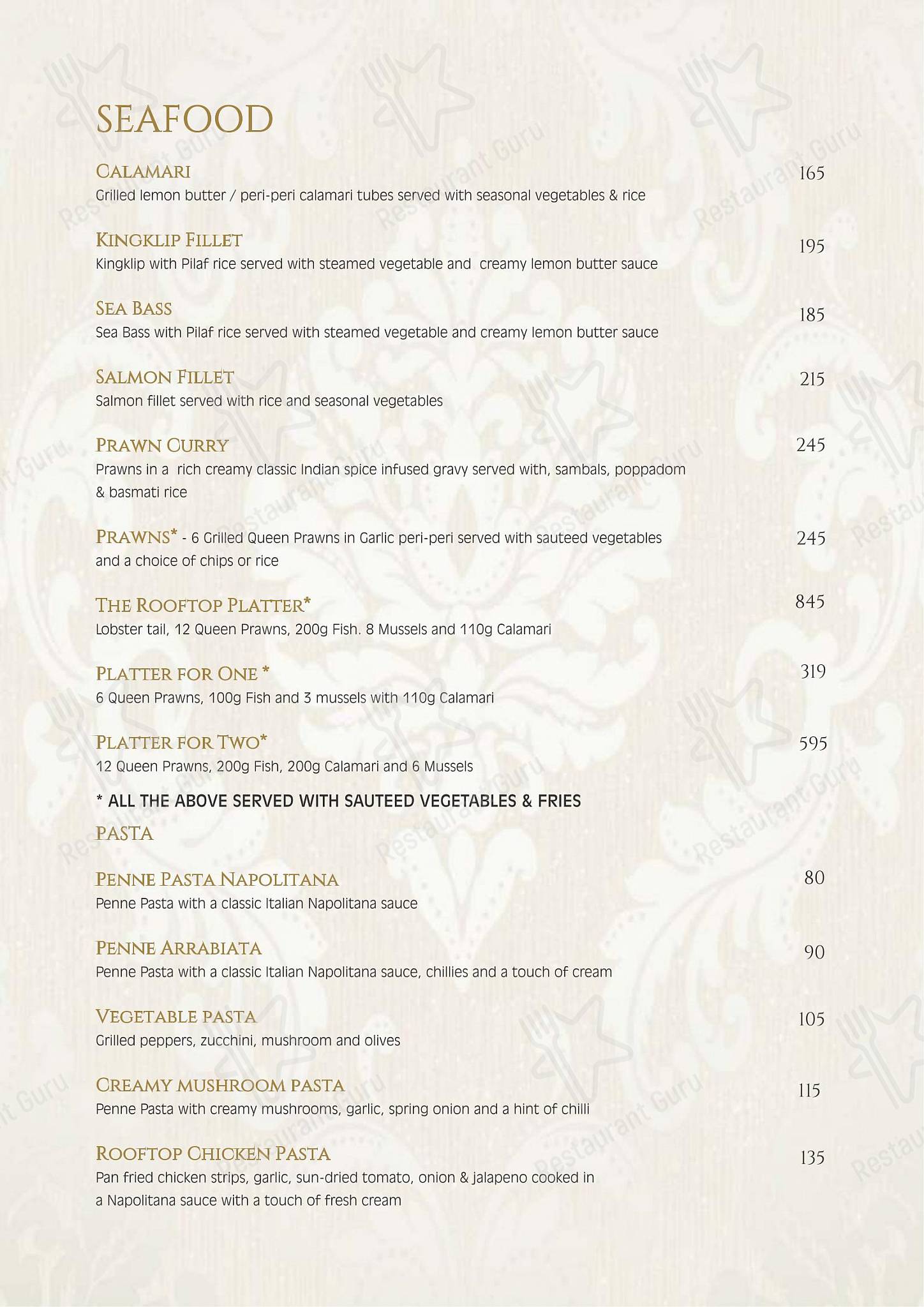 Menu at The Rooftop Restaurant, Johannesburg