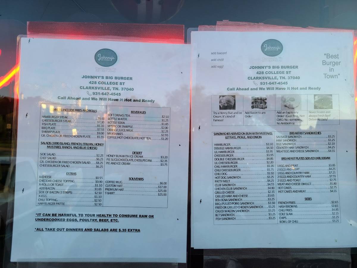 Menu at Johnny's Big Burger restaurant, Clarksville